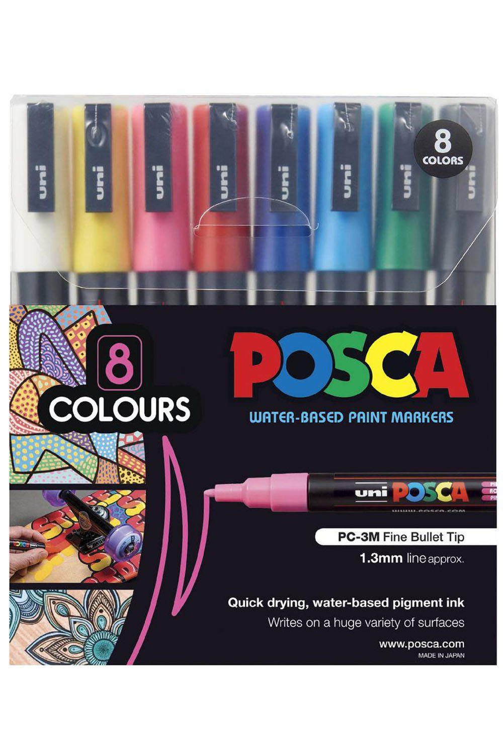 Posca White UNI POSCA PC-3M Paint Marker Set - 8 Essential Colors In ...
